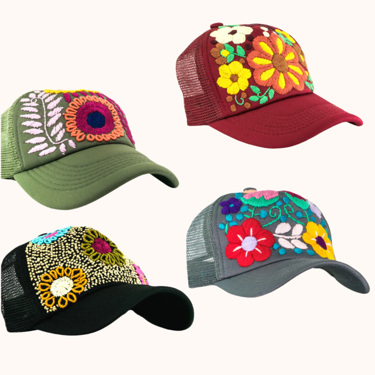 Tulum Hand Embroidered Trucker Flower Hat - Mexico – Trades of Hope